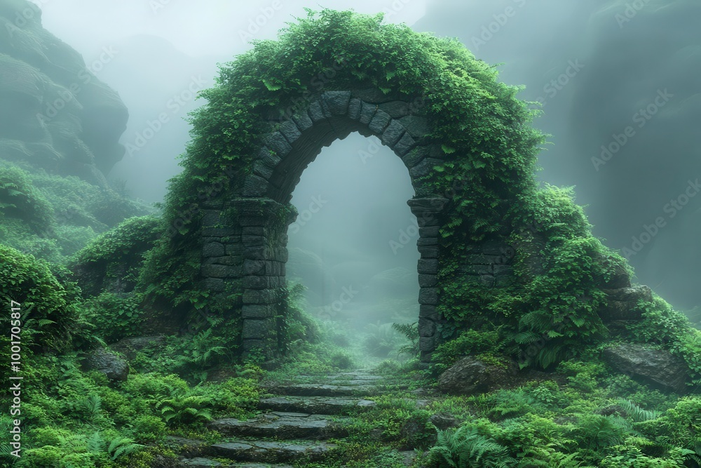 fantastical scene featuring a portal archway enveloped in lush creepers ...