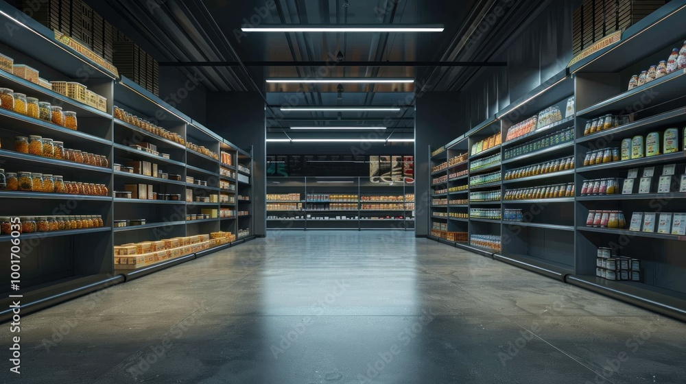An empty grocery store interior with unstocked shelves in a ...