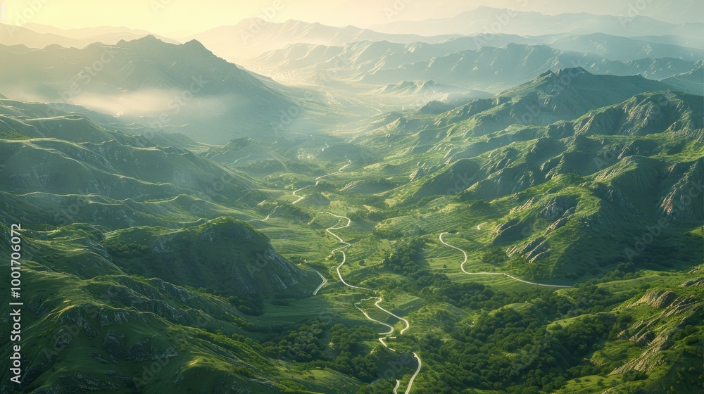 An aerial view of mountains with twisty roads in a remote highland area ...