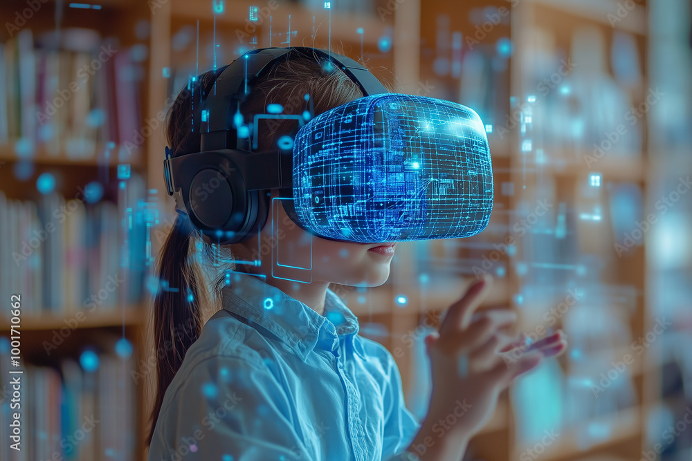 Interactive technology in classroom, school student with VR headset ...