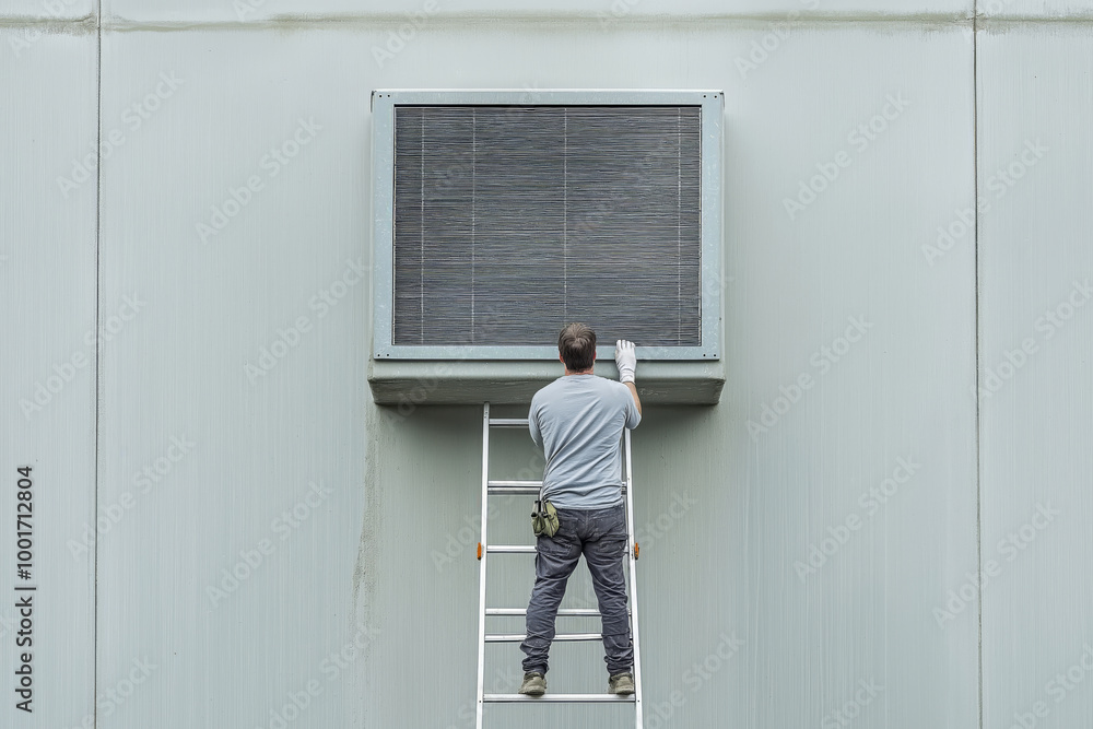 Technician standing on a ladder installing ventilation grille on a wall ...
