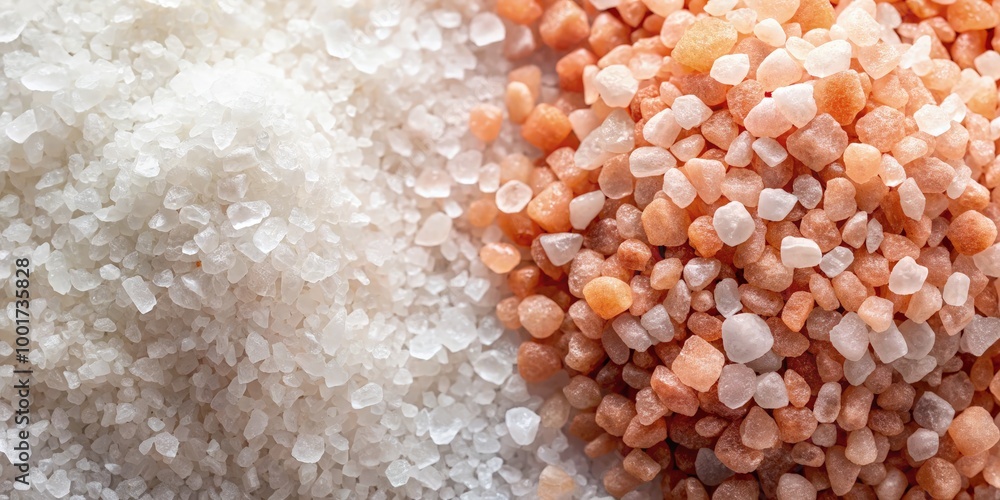 Mixed white sea salt and pink Himalayan salt on a kitchen countertop ...