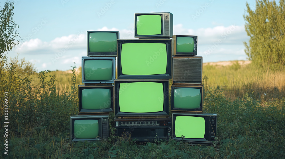 stacks of old classical tv green screen monitors outdoors stack of old ...
