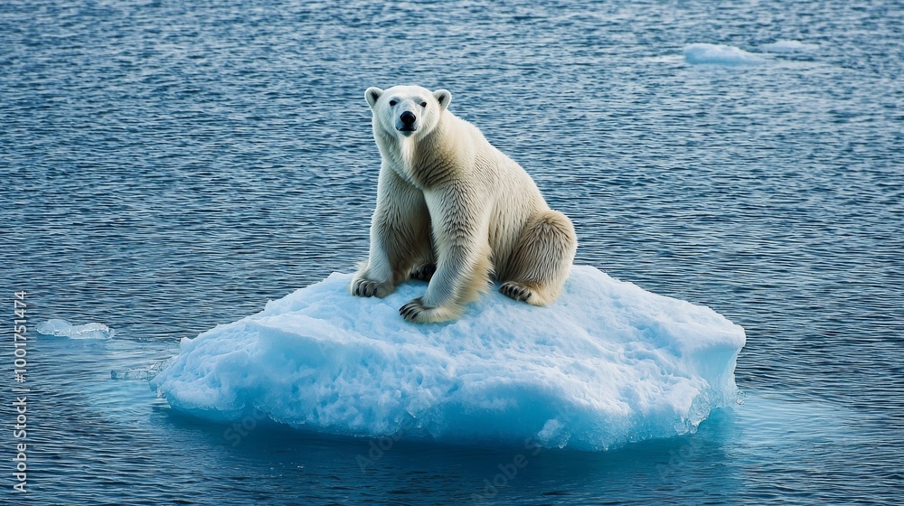 polar bear sits alone on a shrinking ice floe surrounded by open water ...