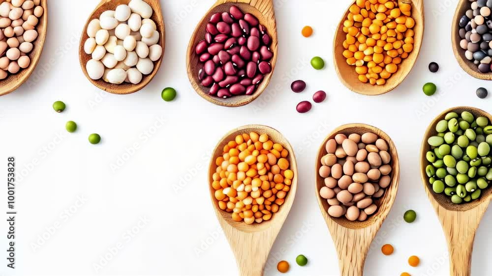 Different types of beans in wooden spoons. An emphasis on health and ...