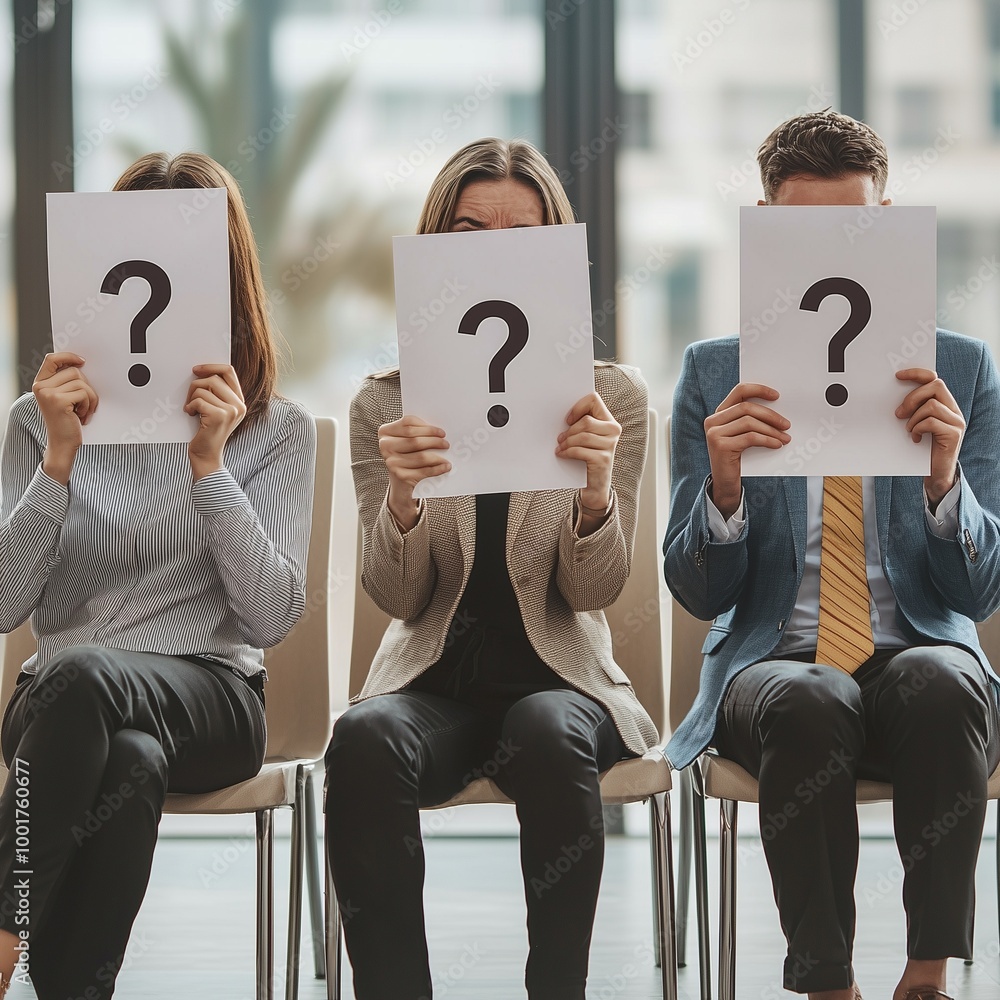 Young people hiding faces behind paper sheets with question marks while ...