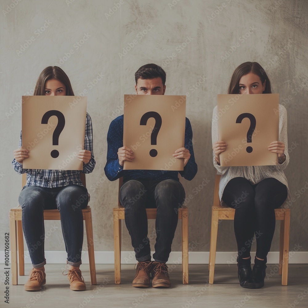 Young people hiding faces behind paper sheets with question marks while ...