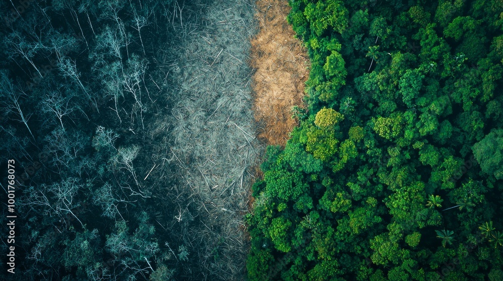 aerial view reveals a stark contrast between a deforested rainforest ...