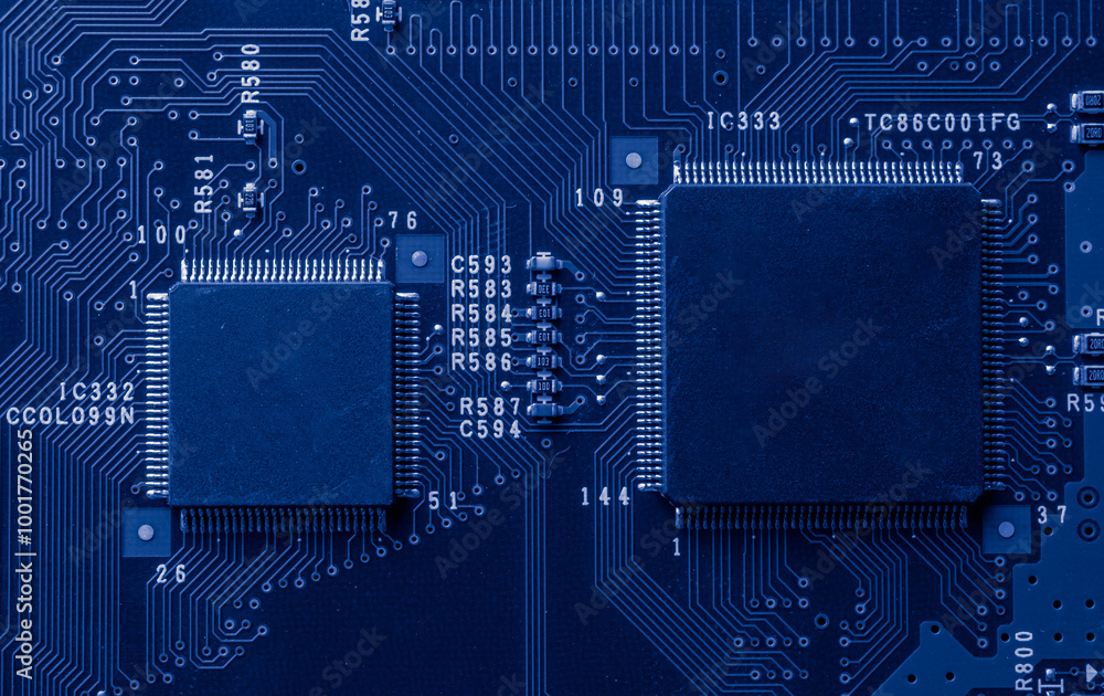 printed circuit. layout of tracks. PCB. processor, chip and electronic ...
