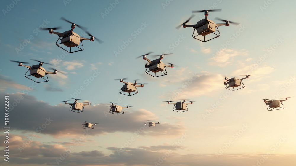 Groups of autonomous drones move efficiently through the evening sky ...