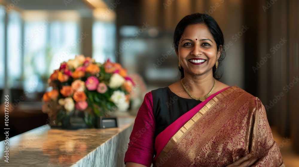 An Indian receptionist in a traditional saree warmly greets guests at a ...