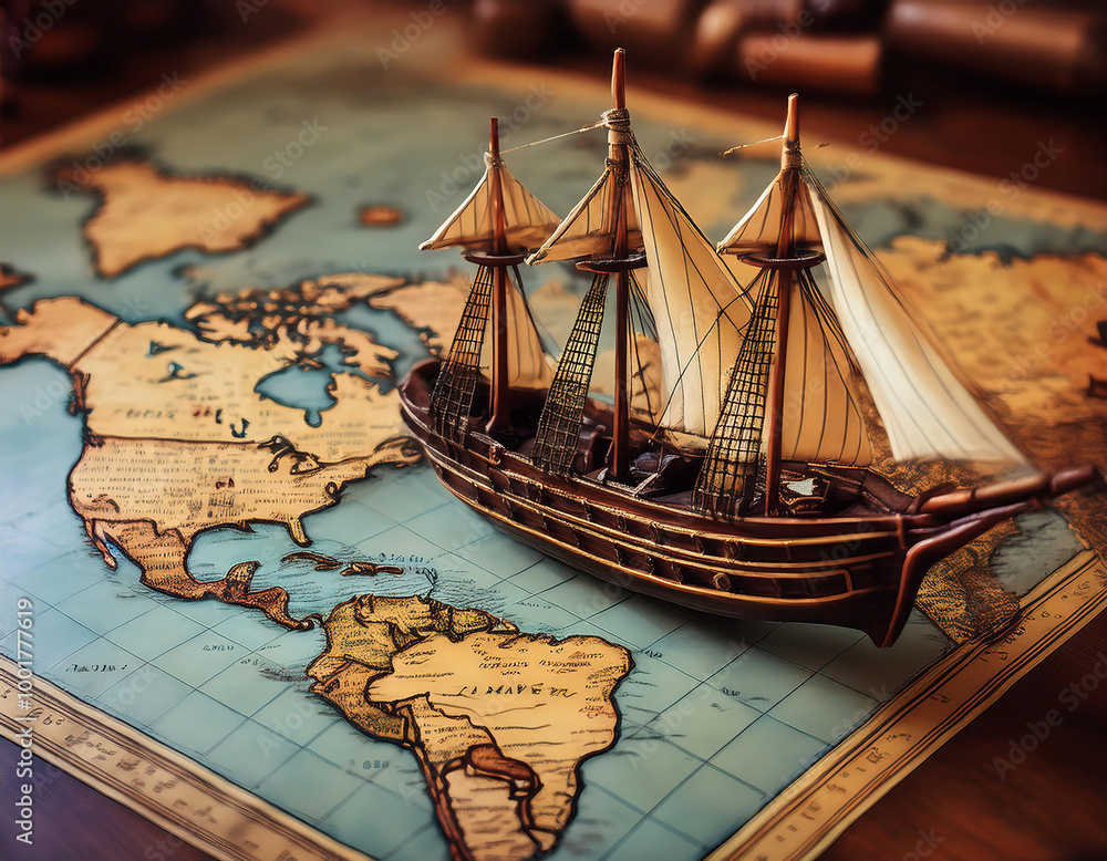 Vintage sailboat on the world map. Exploration and adventure concept ...