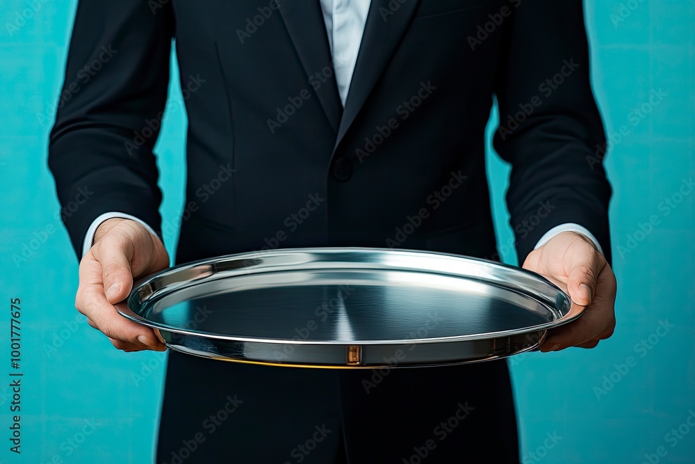 Cropped close up adult barista male waiter butler man wear shirt black ...