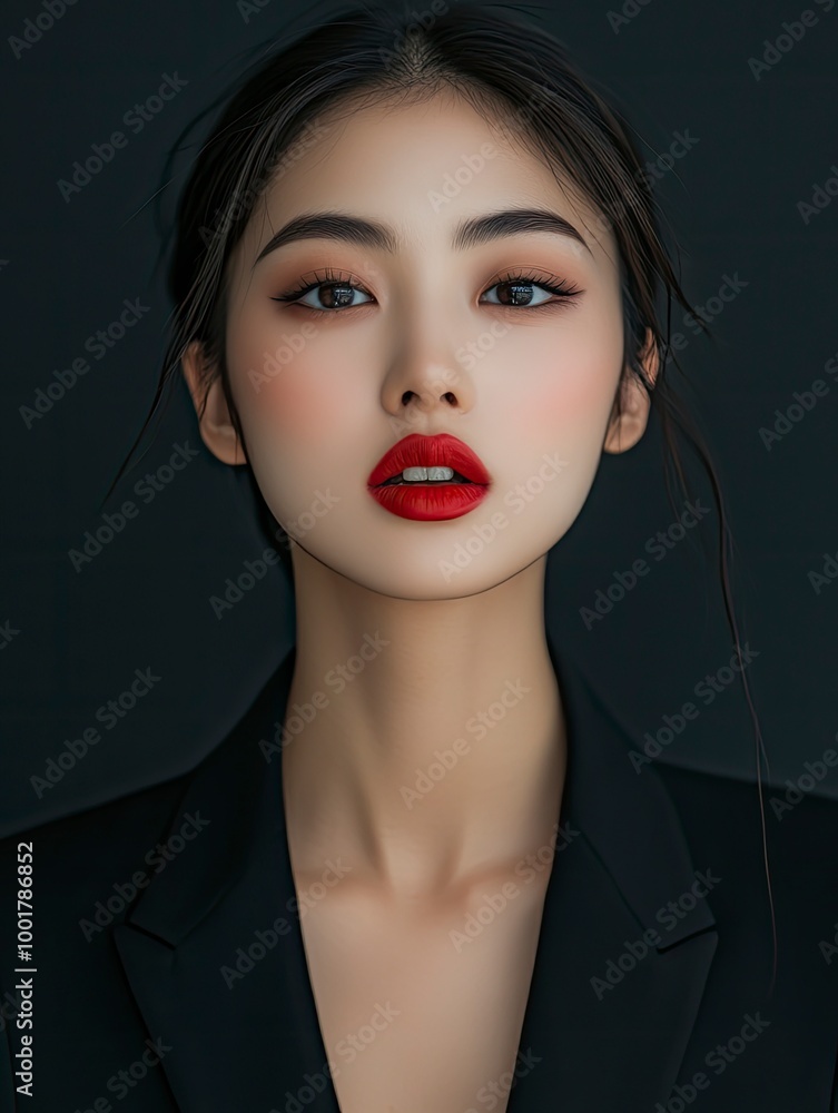 Gorgeous Young Asian female close up face with perfect make-up and red ...