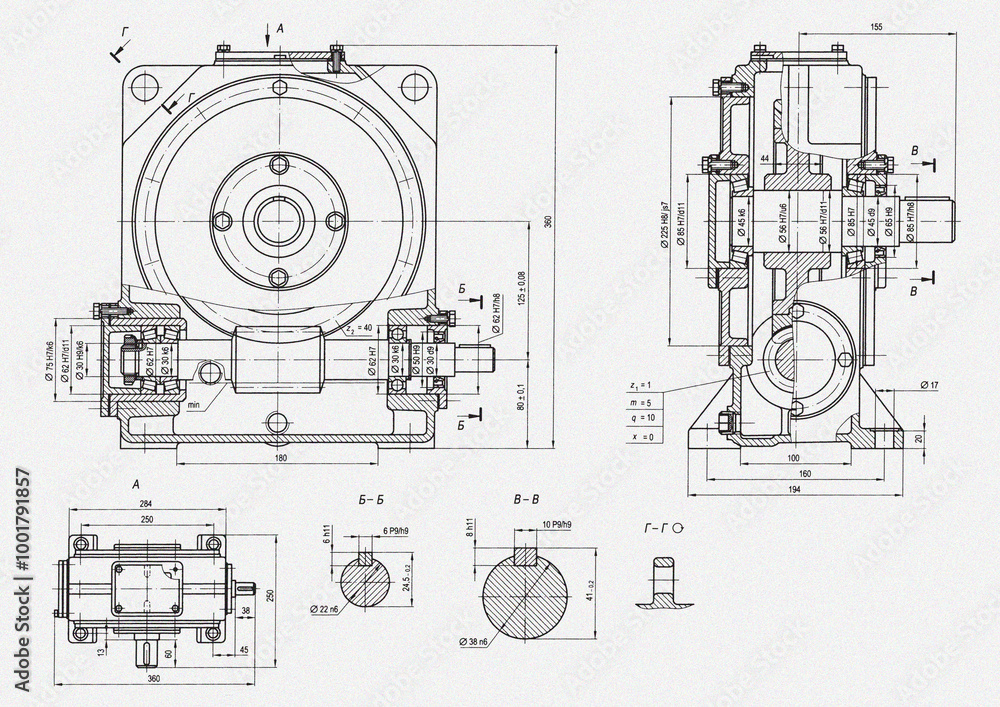 Engineering mechanical pencil drawing of steel devices (reducer ...