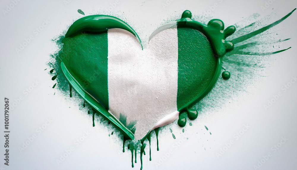 Paint stain in the shape of a heart in the colours of the Nigerian flag ...