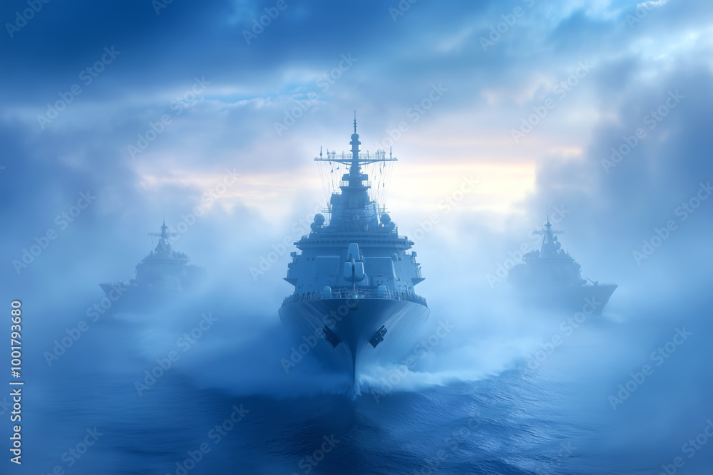 Naval vessels navigating through misty waters at dawn, showcasing ...