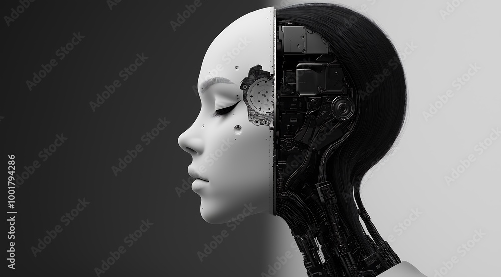 female humanoid robot with half its face being human and the other side ...