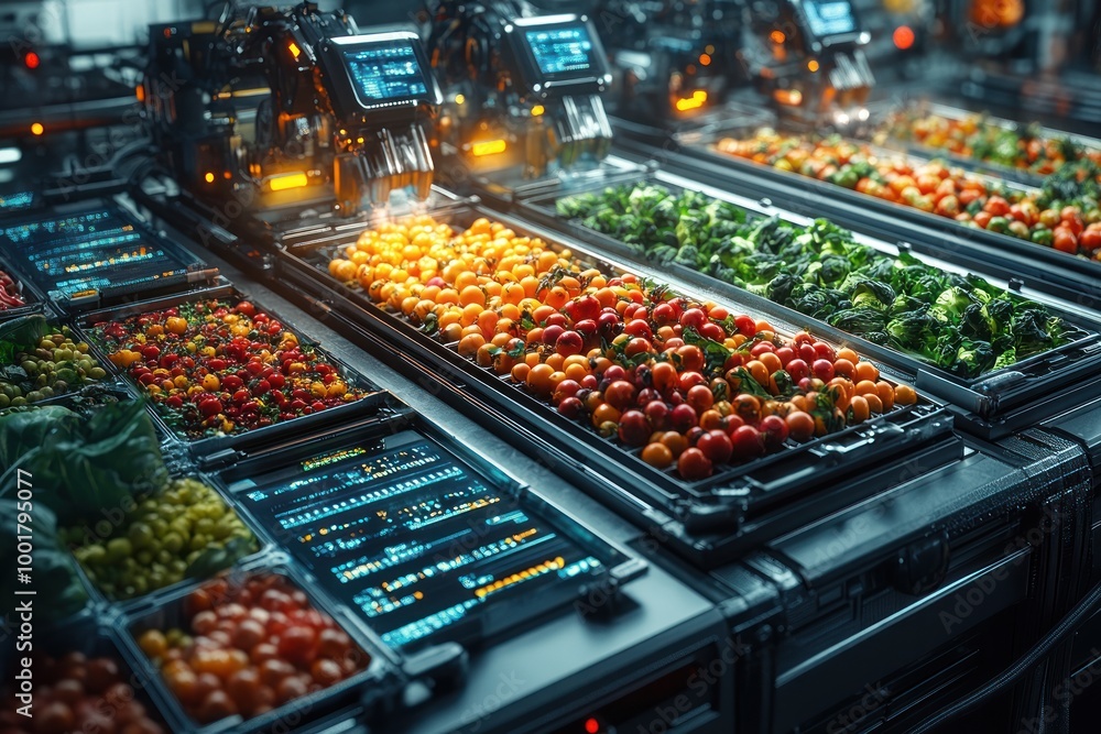 Automated food processing line with robotic arms sorting and packaging ...