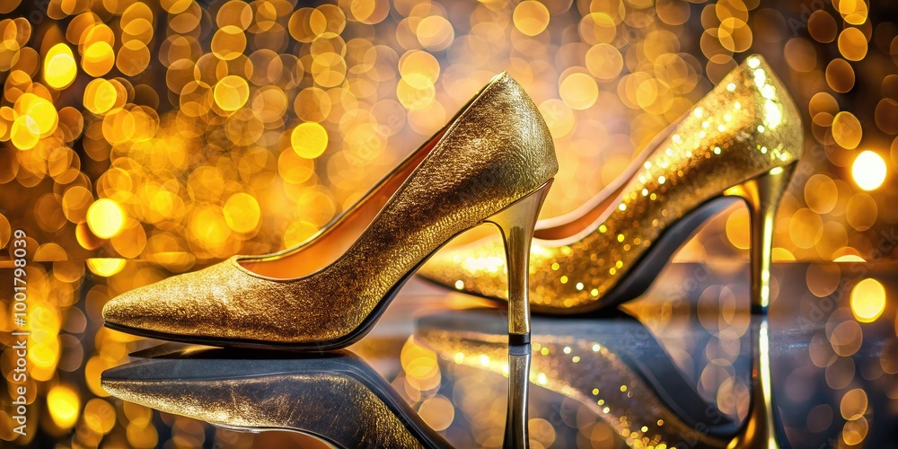 Elegant Gold Heel Pumps on a Reflective Surface, Perfect for Fashion ...