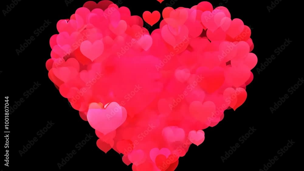 Hearts particles explode animation on black screen background. Love and romance concept ...