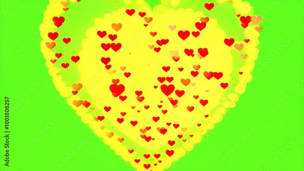 Hearts particles explode animation on green screen background. Love and romance concept ...