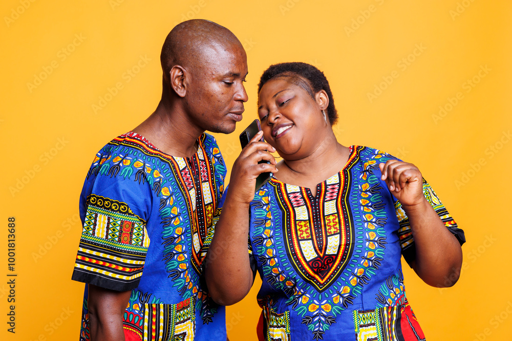 Black man and woman couple recording voice with smartphone software app ...