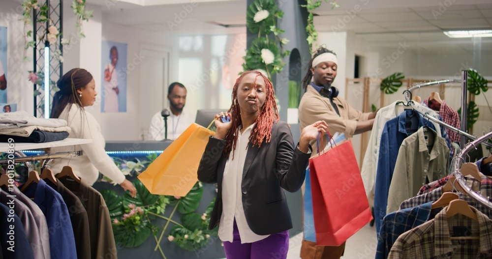 African american couple having fun in fashion boutique, doing dance ...