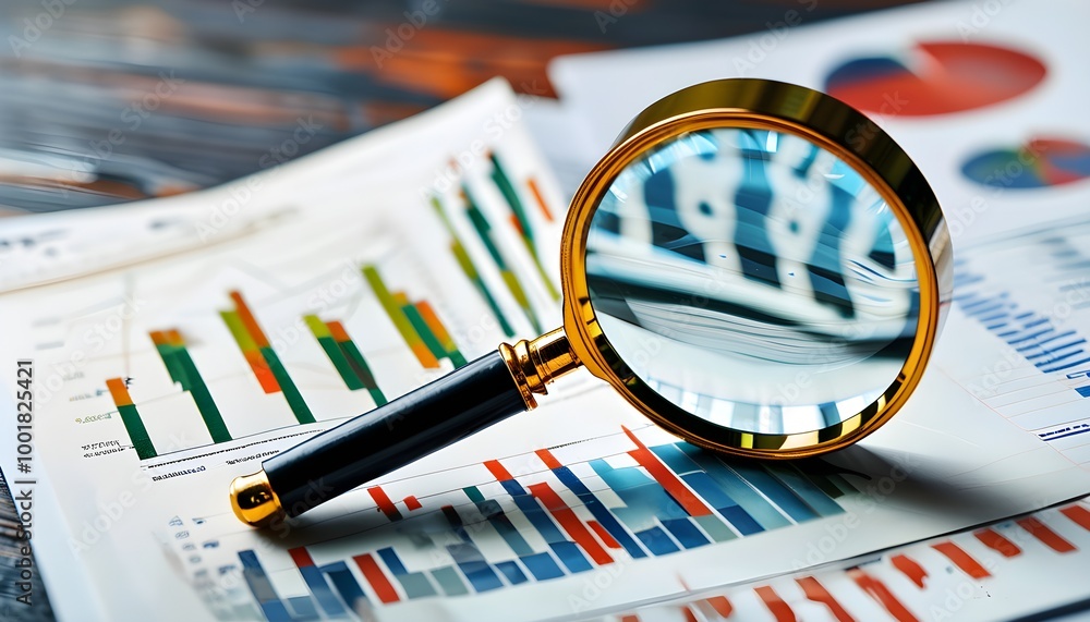 detailed examination of financial report with a loupe revealing ...