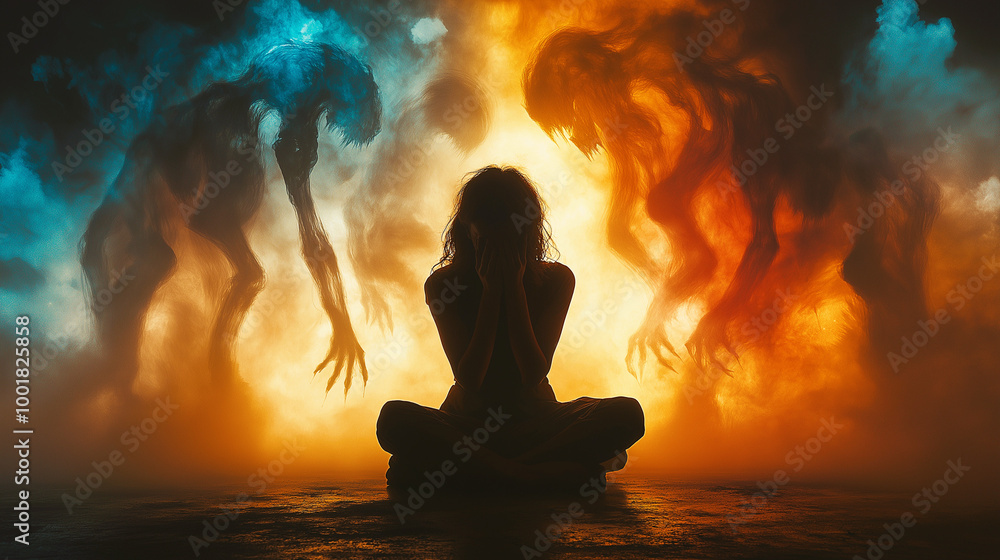 A silhouette of a woman faces her inner demons, one of fire and the ...