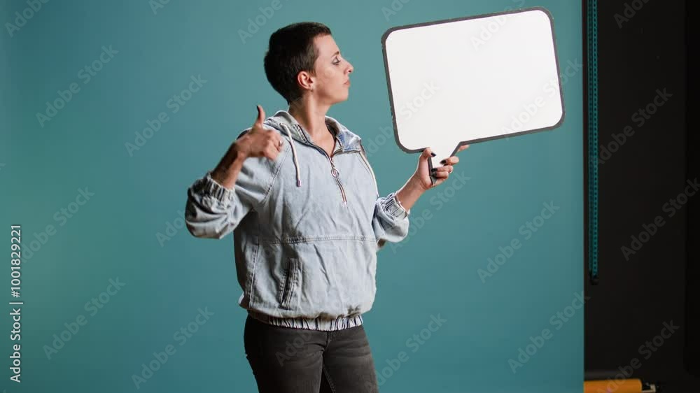 Female model with a groovy style holding a speech bubble in studio ...