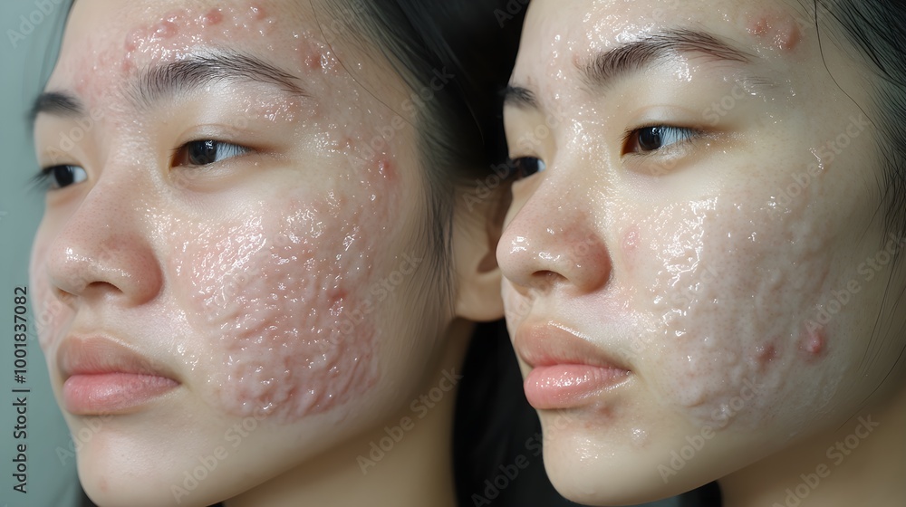 Half-face acne treatment result large pustules shrinking into flat ...
