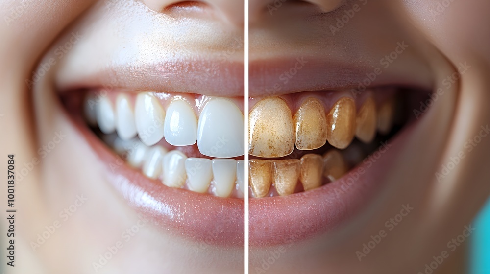 Visual comparison of teeth before and after treatment, showing damaged ...