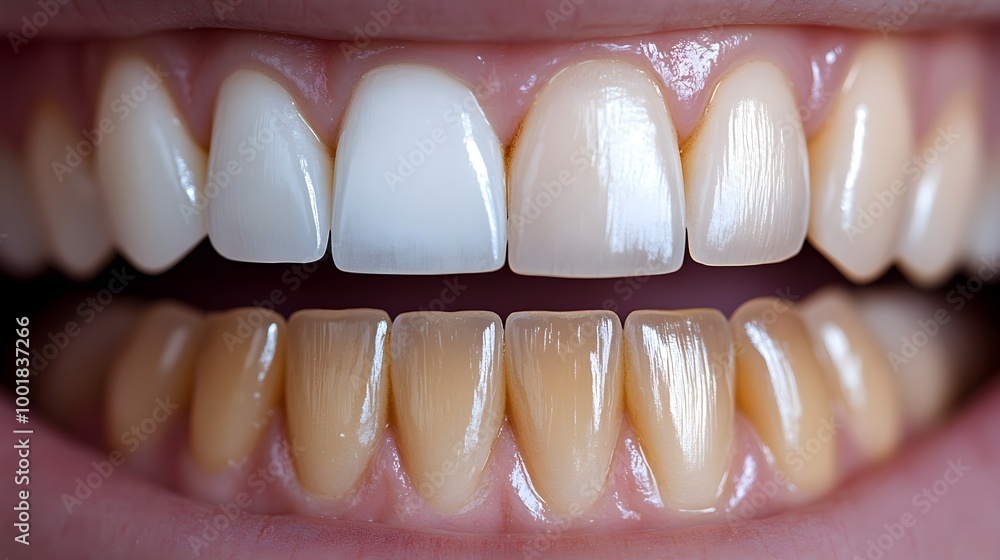 Side-by-side teeth comparison illustrating the whitening process ...