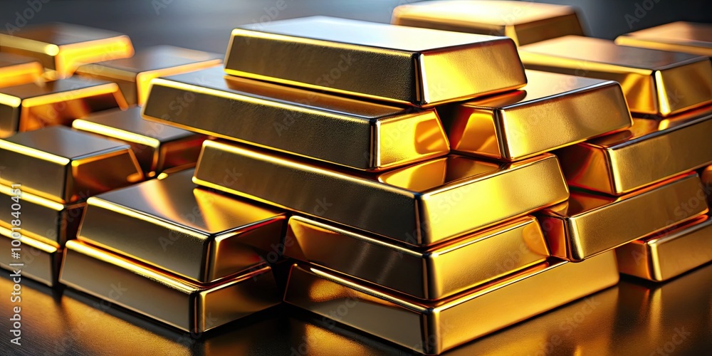 Shimmering Gold Bars Stacked Neatly on a Reflective Surface with ...