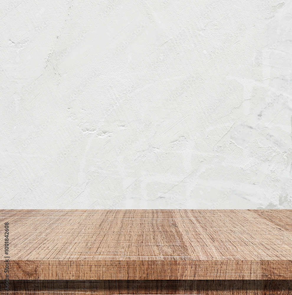 Wood table and white wall background in kitchen, Wooden shelf, counter ...