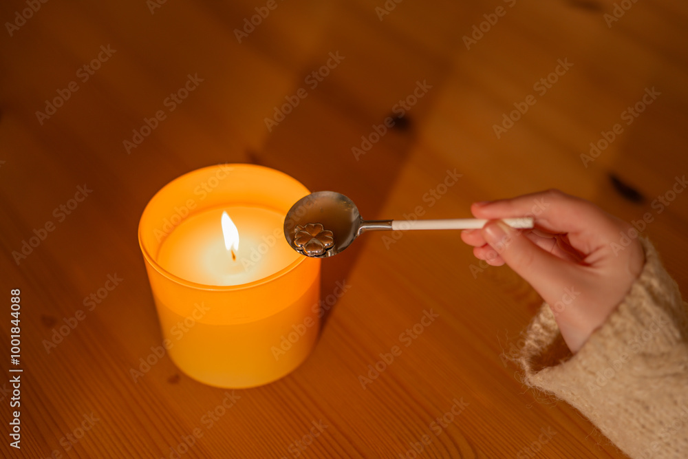 tin casting set .Hand holding spoon with tin figurine over candle flame ...
