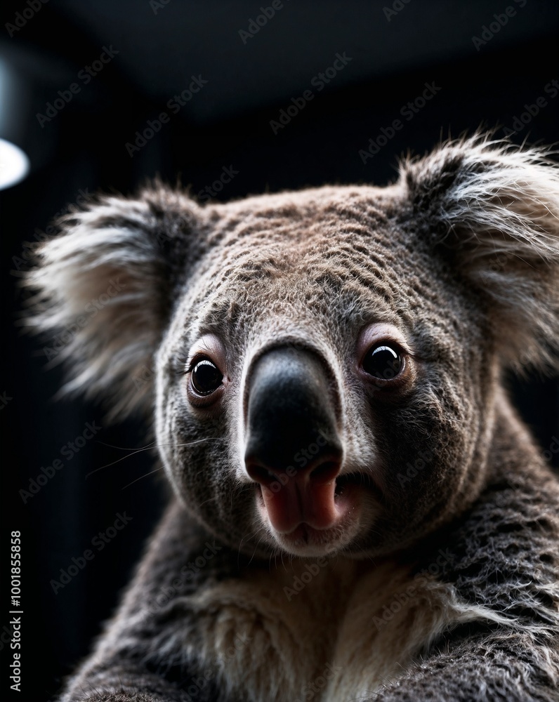 professional photo of koala front view in a dark room black background ...