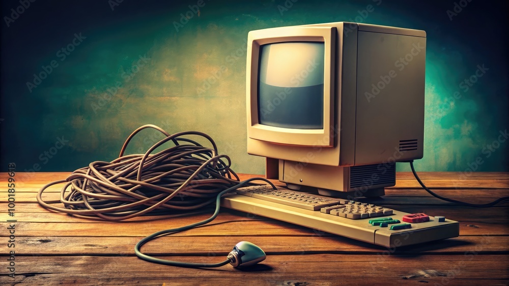 Vintage Outdated Computer on a Wooden Desk with Tangled Cables and ...