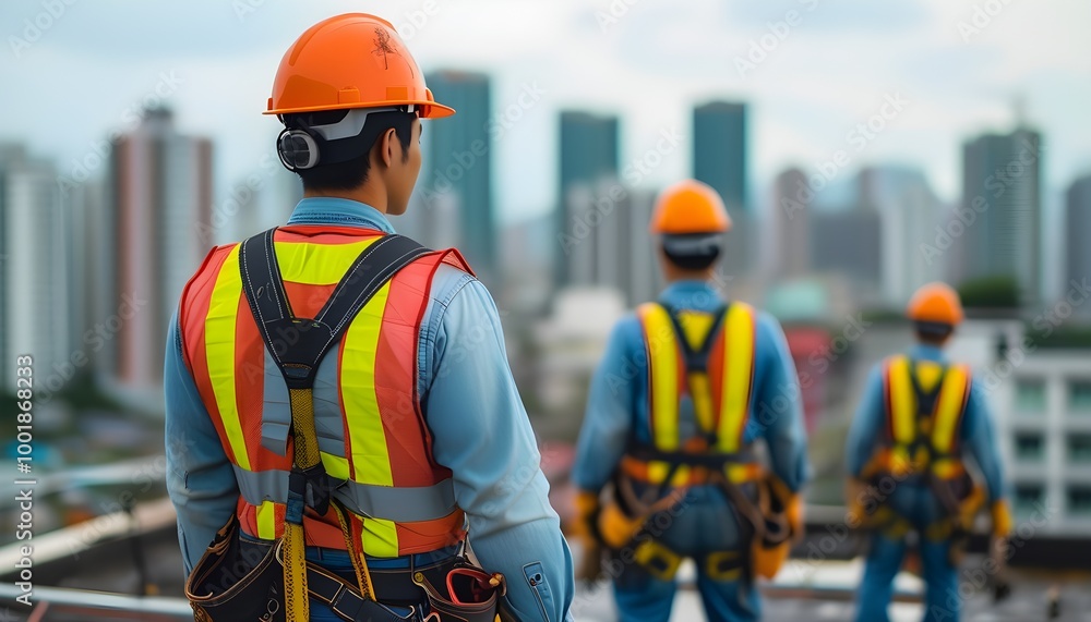 Vigilant Asian construction worker on rooftop, dressed in safety vest ...
