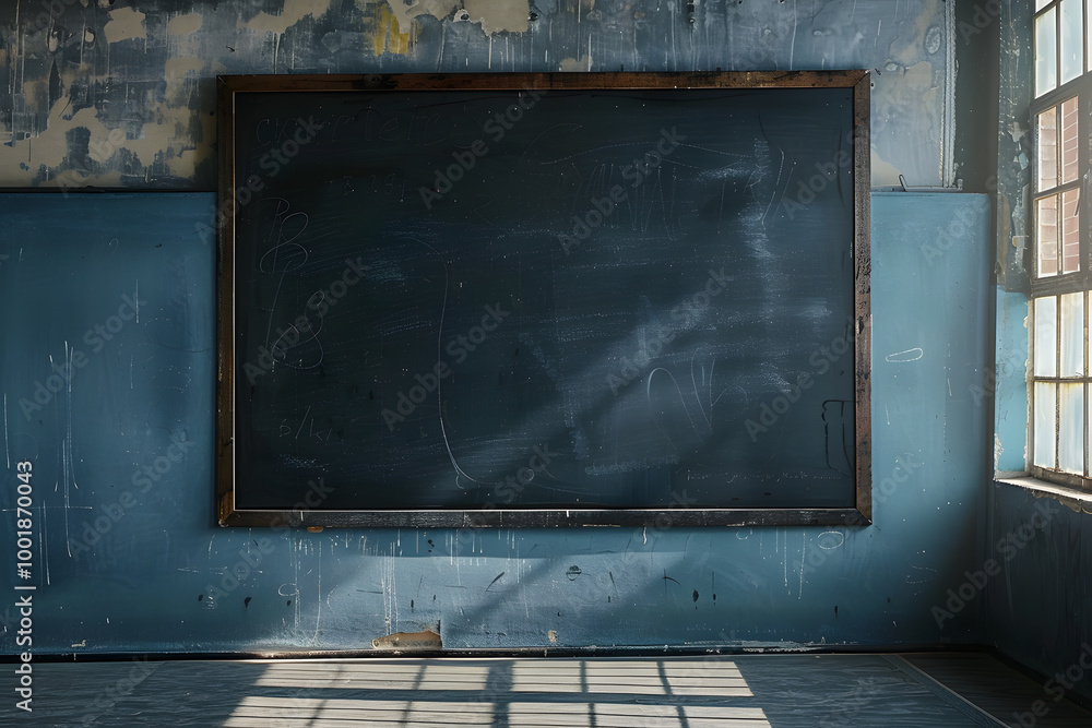 In the empty classroom, a dusty chalkboard, cracked walls, and sunbeams ...