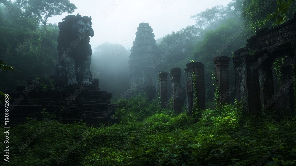 In an eerie, mythical atmosphere, a towering creature with a lion's ...