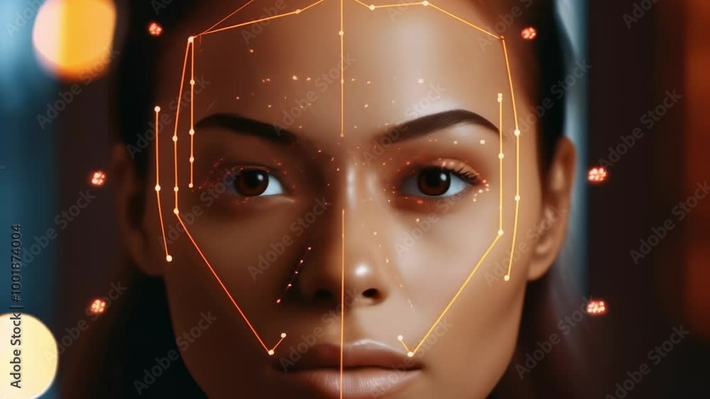 Biometric facial recognition software scanning a woman's face, creating ...