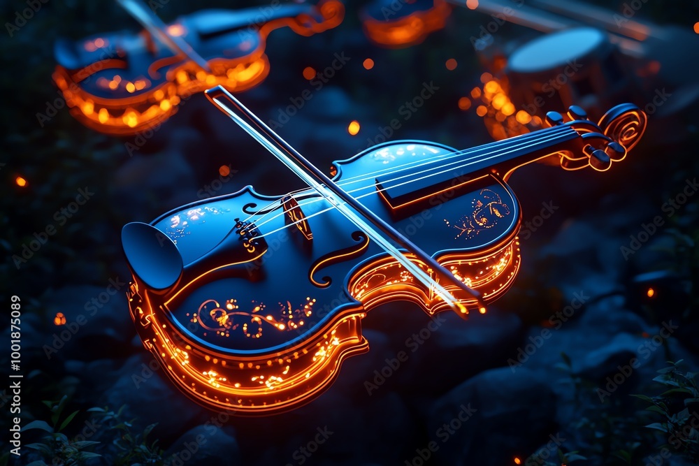 Fantasy orchestra of glowing instruments, where violins, flutes, and ...