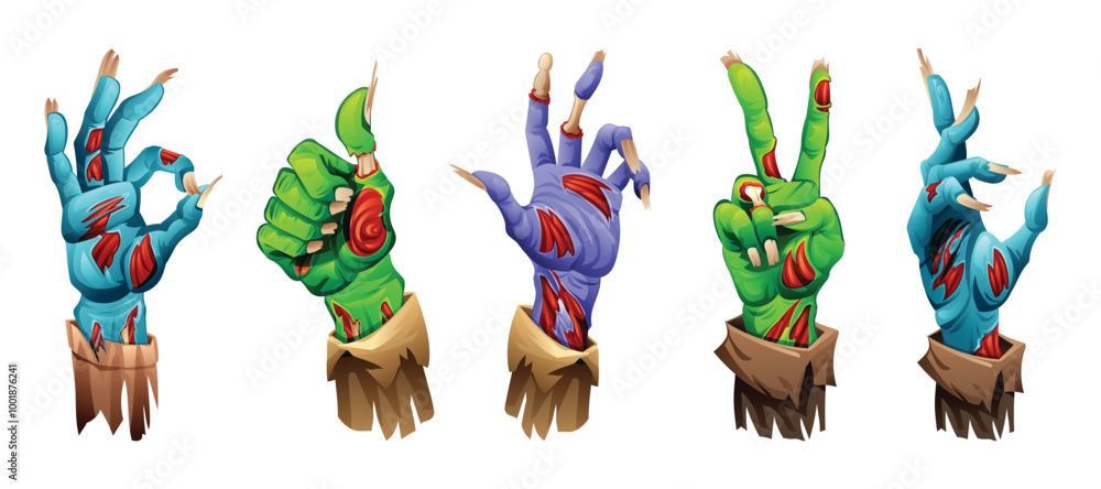 Zombie hands with torn skin, emerging in different horror poses. Vector ...