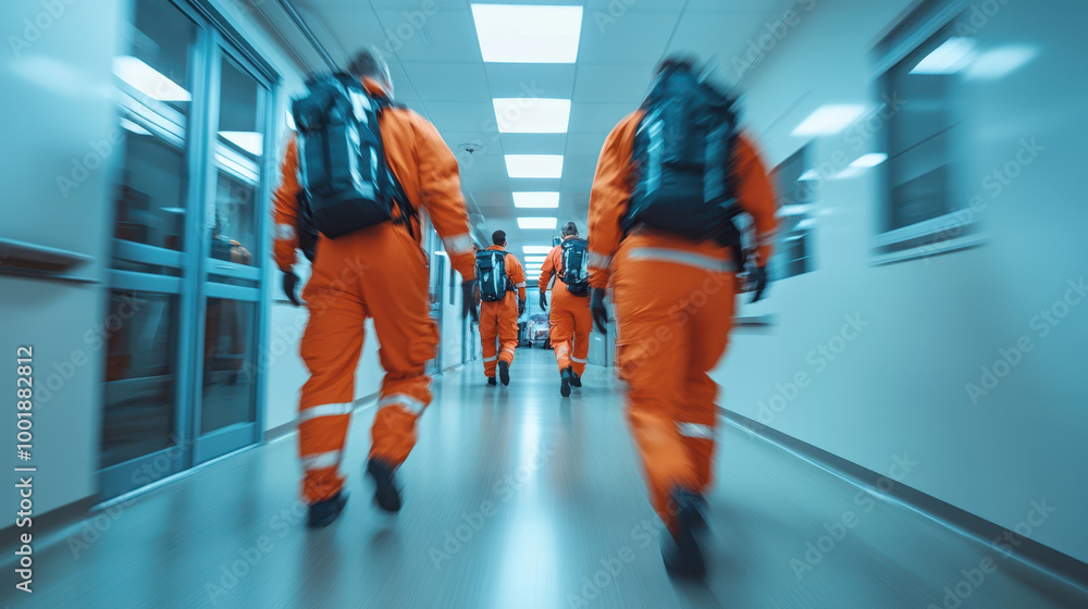 Emergency responders in orange uniforms walk through hospital corridor ...