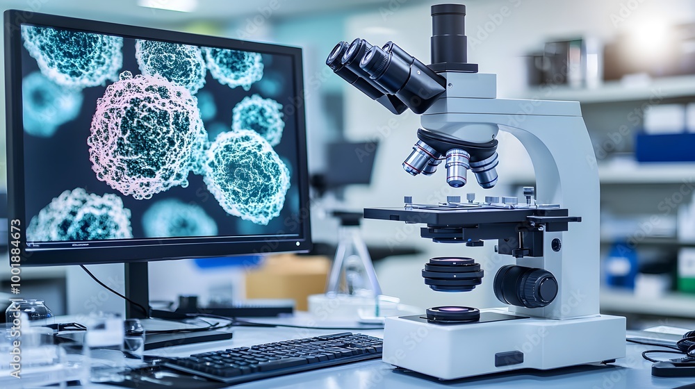 A laboratory setup featuring a microscope connected to a computer ...