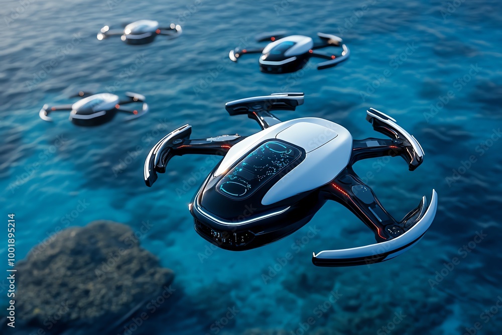 Marine drones patrolling a futuristic ocean, monitoring marine life and ...