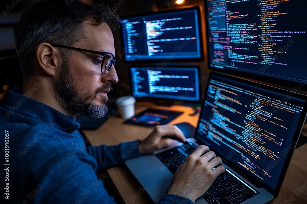 Software development process showing a programmer testing code on a ...