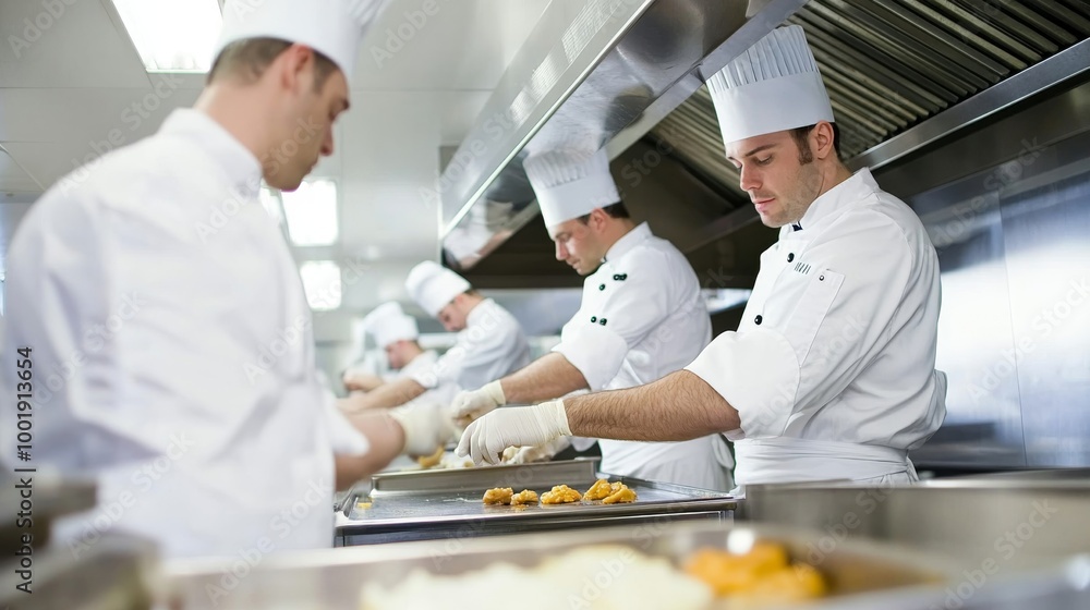 Chefs in pristine white uniforms and hairnets work meticulously in a ...